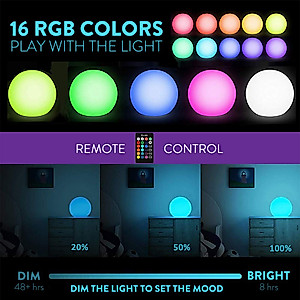 Mr.Go 8-inch Ultra-Fun LED Glowing Ball Light w/Remote, RGB Color Changing Globe Mood Lamp, 16 Colors 8 Brightness 4 Lighting Modes, Waterproof, Rechargeable & AC Adapter Power, Stunning Light Orb