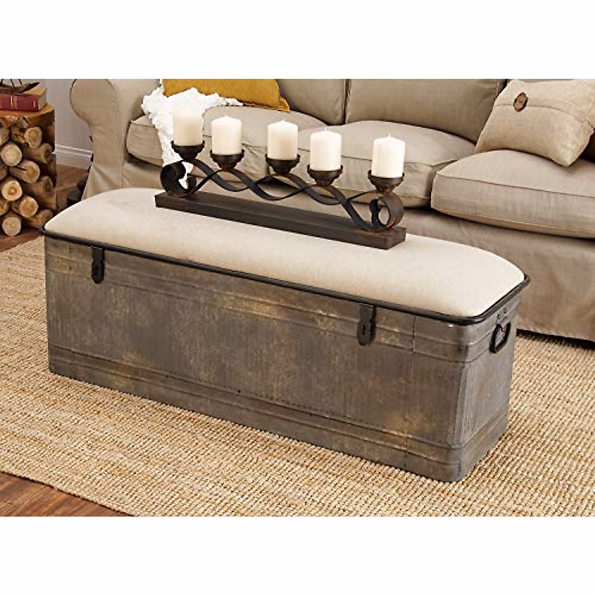 Deco 79 Metal Room Storage Bench Galvanized Entryway Bench with Cream Burlap Top, Bench 50" x 16" x 18", Gray