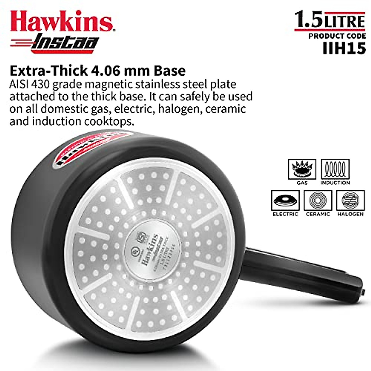 HAWKINS 1.5 Litre Instaa Pressure Cooker, Induction Inner Lid Cooker, Tall Body Hard Anodised Cooker, Best Black Cooker, Black (IIH15)