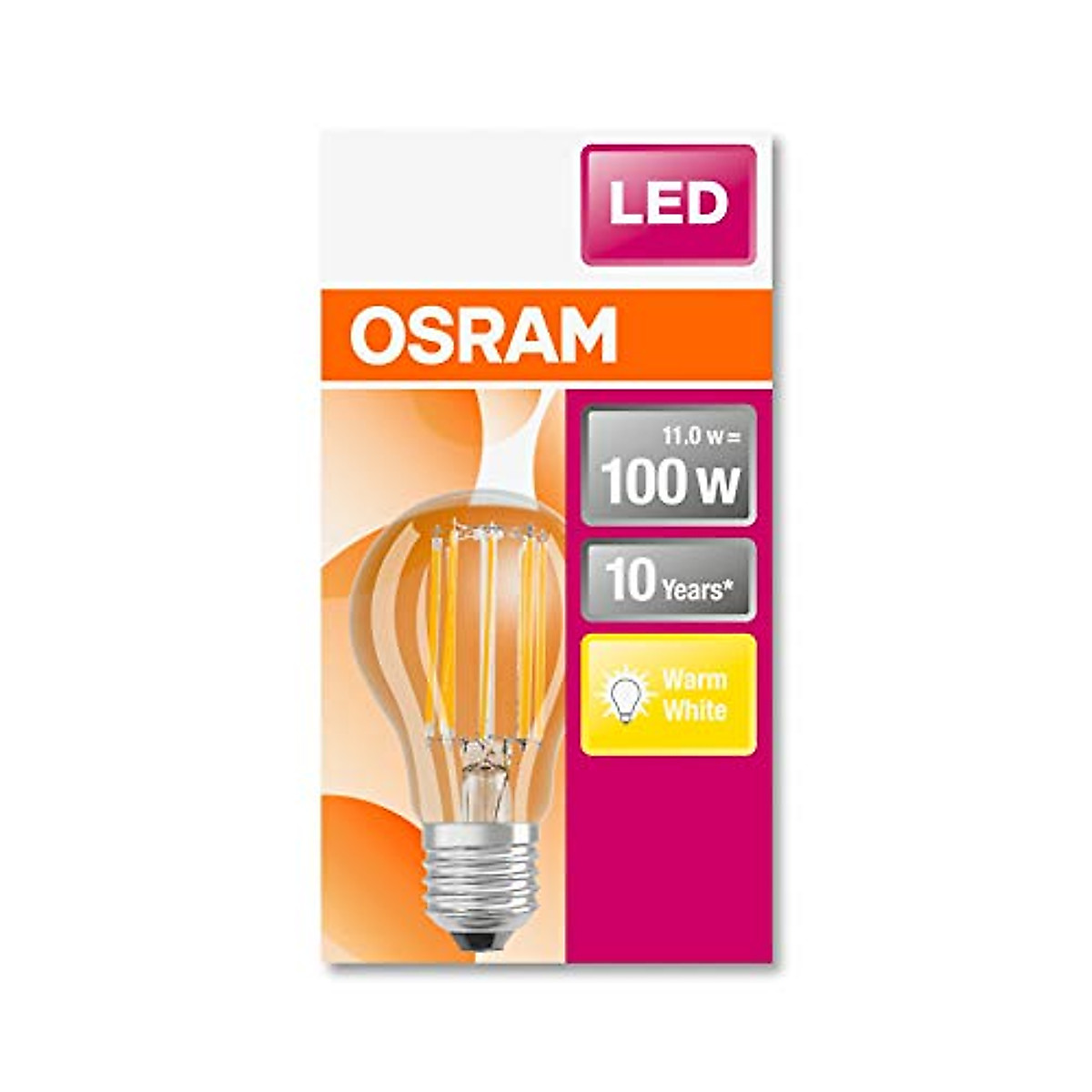 OSRAM LED lamp/Base: E27 / Warm White / 2700 K / 11 W/Replacement for 100 W Incandescent Bulb/Clear/LED Retrofit Classic A [Energy Efficiency Class A++] / Pack of 10