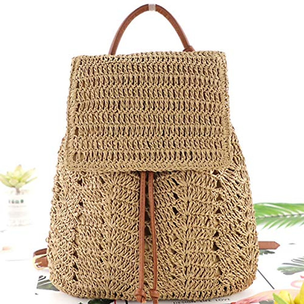 Monique Women Straw Handmade Crochet Backpack Flap Drawstring Shoulders Bag Casual Beach Daypack