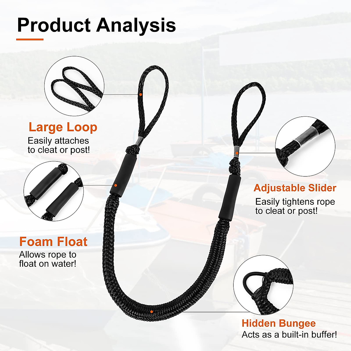 Bungee Dock Lines - Boat Accessories - 4 Feet Bungee Shock Cords Bungee Docking Rope Mooring Rope for Boat,PWC,Jet ski,Pontoon,Kayak,Canoe,Power Boat,Watercraft (4 Packs)