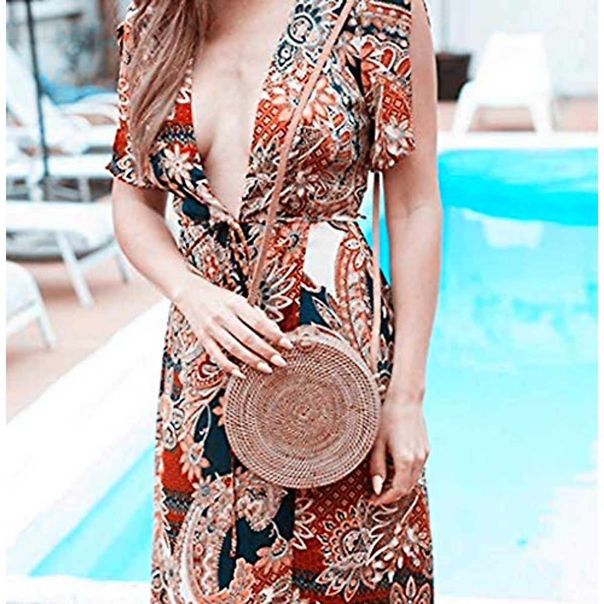 Kbinter Handwoven Round Rattan Straw Bag for Women Shoulder Leather Button Straps Natural Chic Handmade Boho Bag Bali Purse (1 Pack)