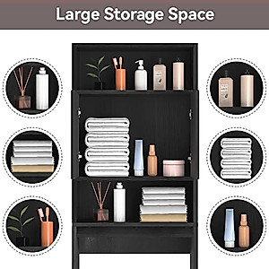 Aracari 77" Over The Toilet Storage Cabinet, Double Door Over Toilet Bathroom Organizer Toilet Cabinet with Open Shelves, Black