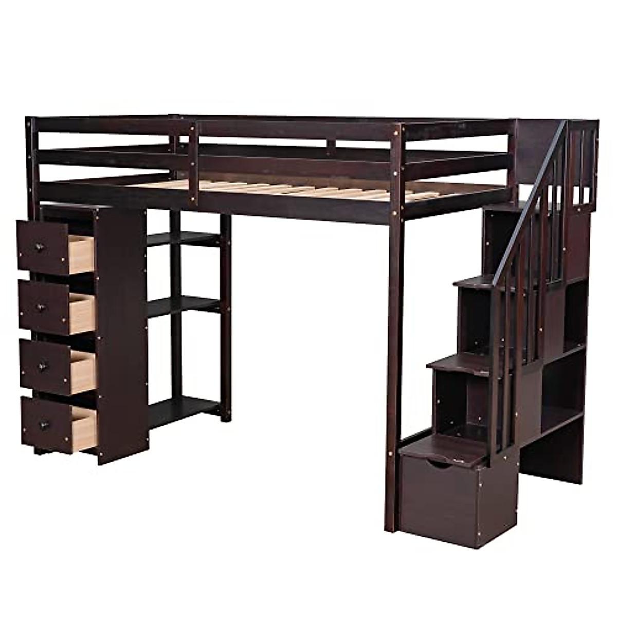 Merax Twin Size Loft Bed, Loft Bed Frame with Storage Drawers and Stairs, Wooden Loft Bed with Shelves, Espresso