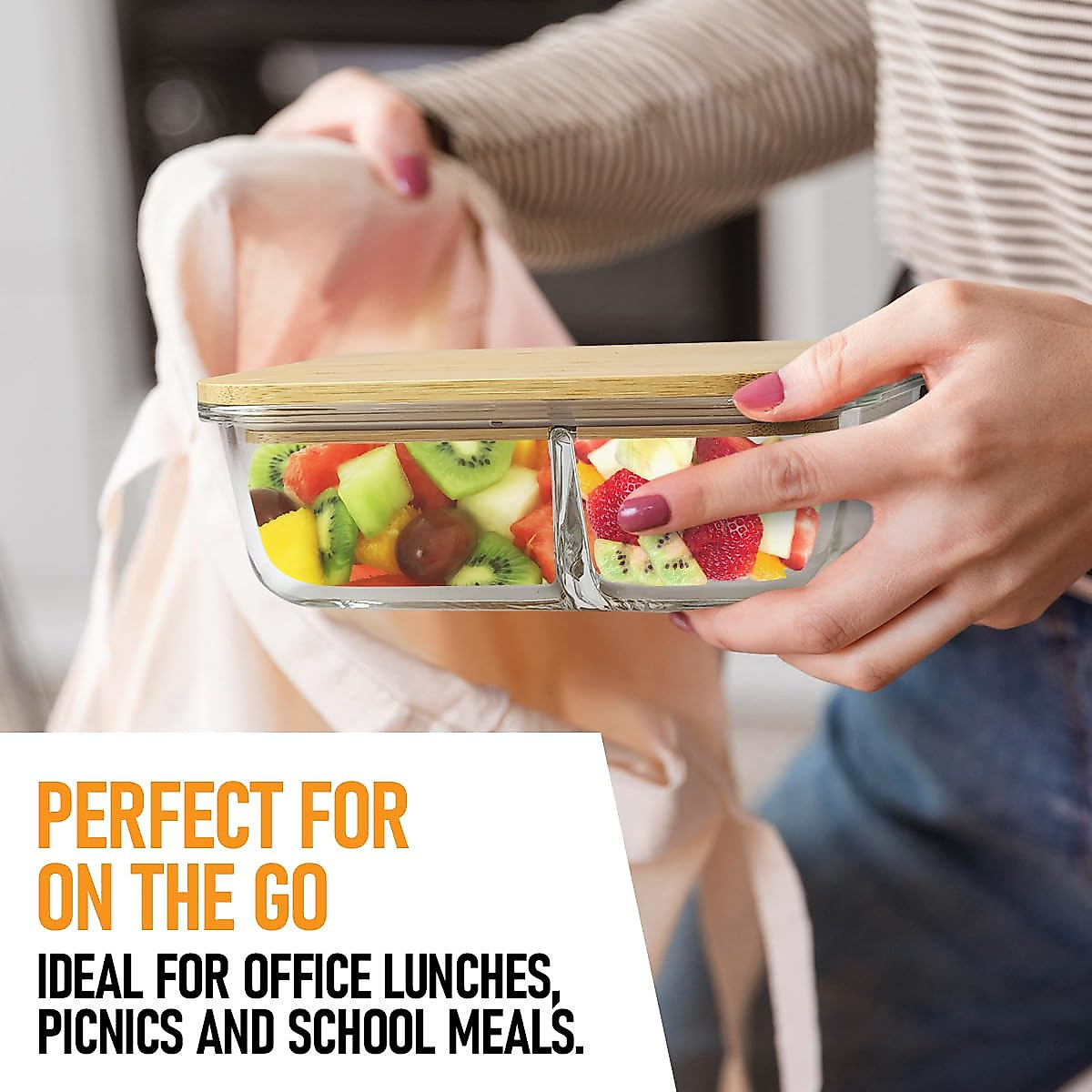 3-Compartment Glass Food Storage Containers with Lids for Lunch Storage, Glass Bento Box Set with Airtight Bamboo Lids - Great Mel Prep Containers for Lunch & Portion Control, 3 Pack, 31.5oz