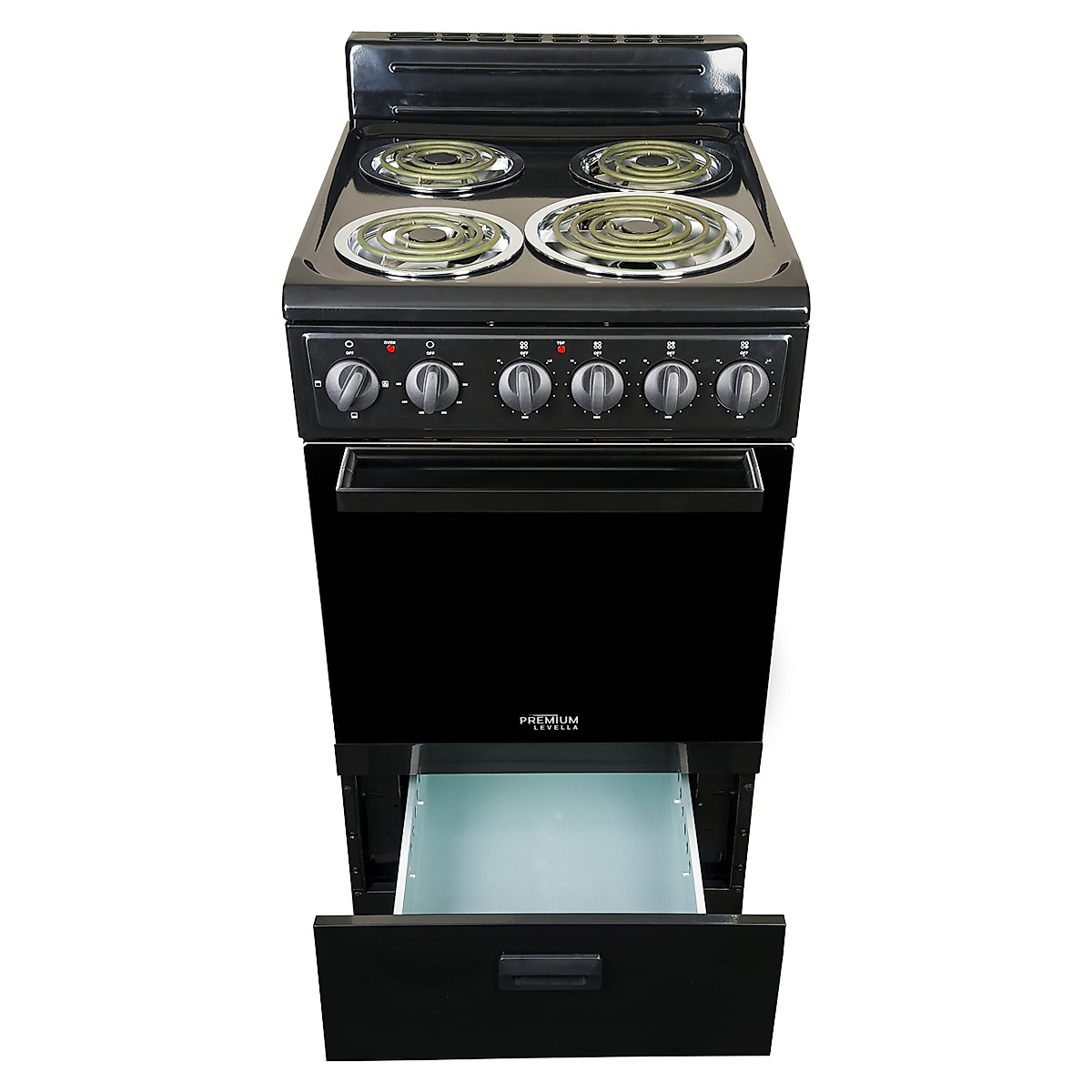 Premium Levella PRE2027GB 20 in Freestanding Electric Range with 4 Coil Burners and 2.2 Cu. Ft. Single Oven Capacity with Lower Storage Drawer in Black
