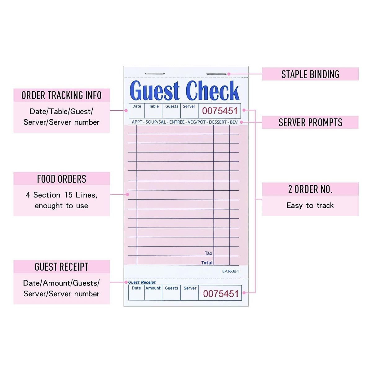 DGBDPACK Server Guest Checkbook, 5 Pack EP-3632-1 Server Note Book, Thick Server Paper with Guest Receipts, Waitress Notepads - 250 Orders Total (Pink, 6.75" x 3.5")