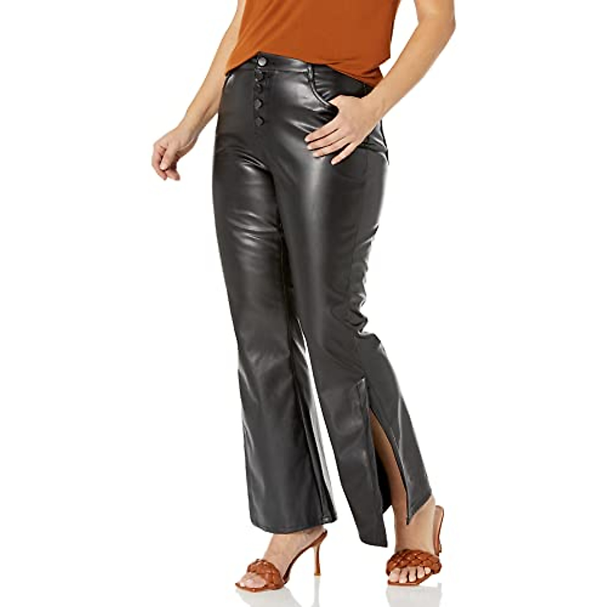 dollhouse Women's Contouring Junior Plus Black Vegan Leather Flare with Side Slit and Exposed Buttons, 22