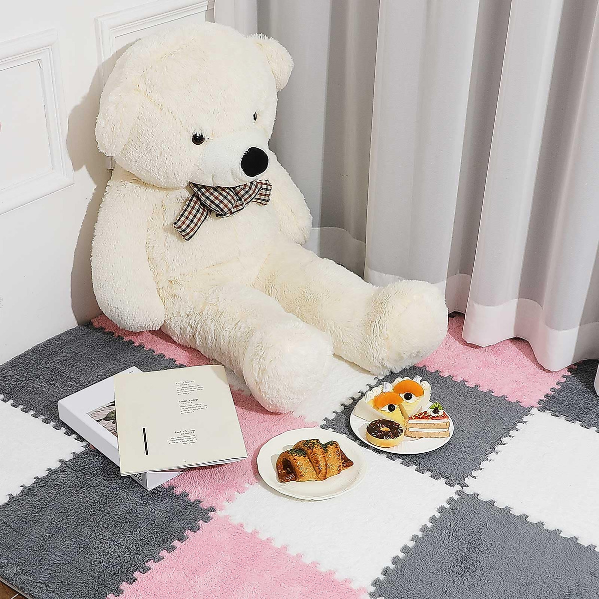 18 Pcs Plush Foam Floor Mat Square Interlocking Carpet Tiles with Border Fluffy Play Mat Floor Tiles Soft Climbing Area Rugs for Home Playroom Decor, 12 x 12 x 0.4 Inch (White, Pink, Gray)