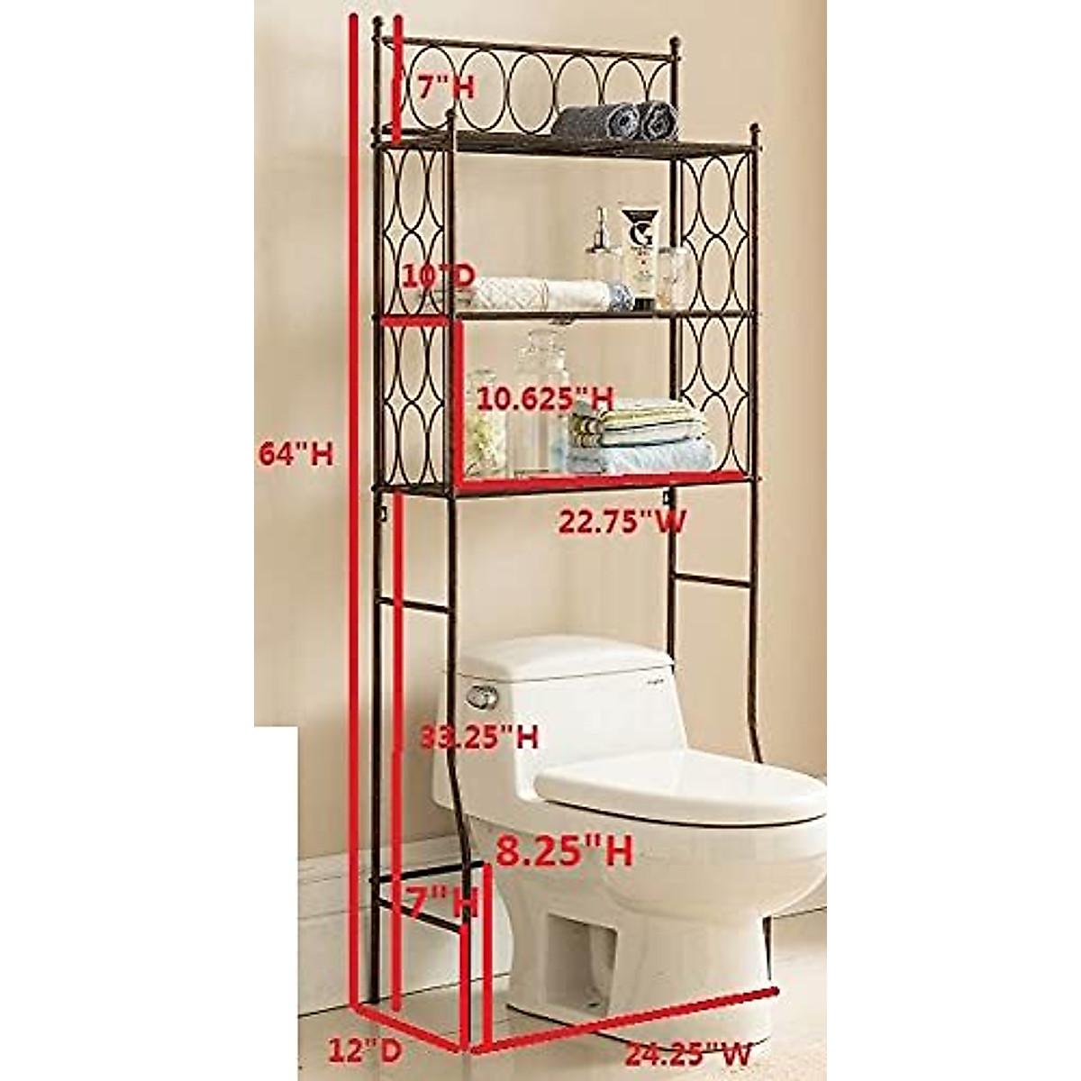 Pilaster Designs Transitional Copper Iron 3 Tier Exeter Over The Toilet Bathroom Spacesaver Storage Rack Organizer