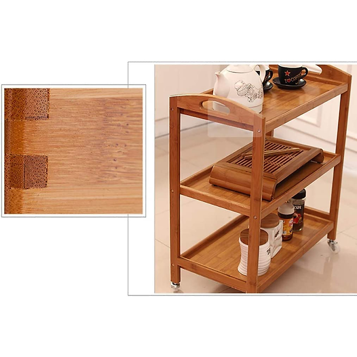 OLOTU Portable 4 Layers Dining Cart Bar Cart with Guardrail and Wheels Wooden Bracket Solid Wood Tray 4 Universal Wheels with Locking Wheels Durable