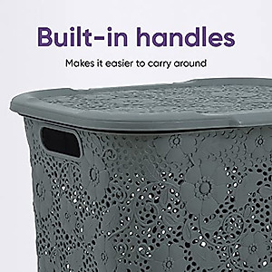 Superio Laundry Hamper with Lid Lace Design 50 Liter - Grey Laundry Hamper Basket With Cutout Handles, Rectangular Shape Modern Style Bin - Dirty Cloths Storage