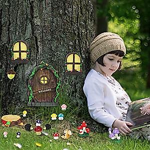 Jetec 21 Pieces Fairy Door and Window, Trees with 2 Window and Light Yard Sculpture Decoration for DIY Micro Landscape Ornament Kid Room, Wall and Tree Outdoor Miniature Fairy Garden Accessories