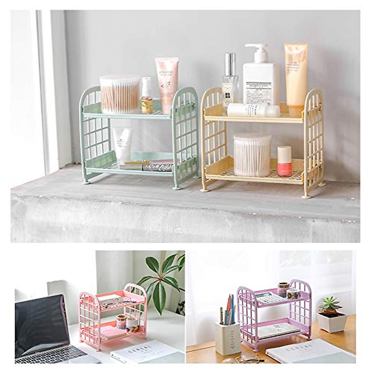 UnnFiko 2-Layers Table Shelf Organizer, Adjustable Plastic Storage Rack Shelf Square Basket Desk Stand Table Storage Organizer Shelves (Pink)