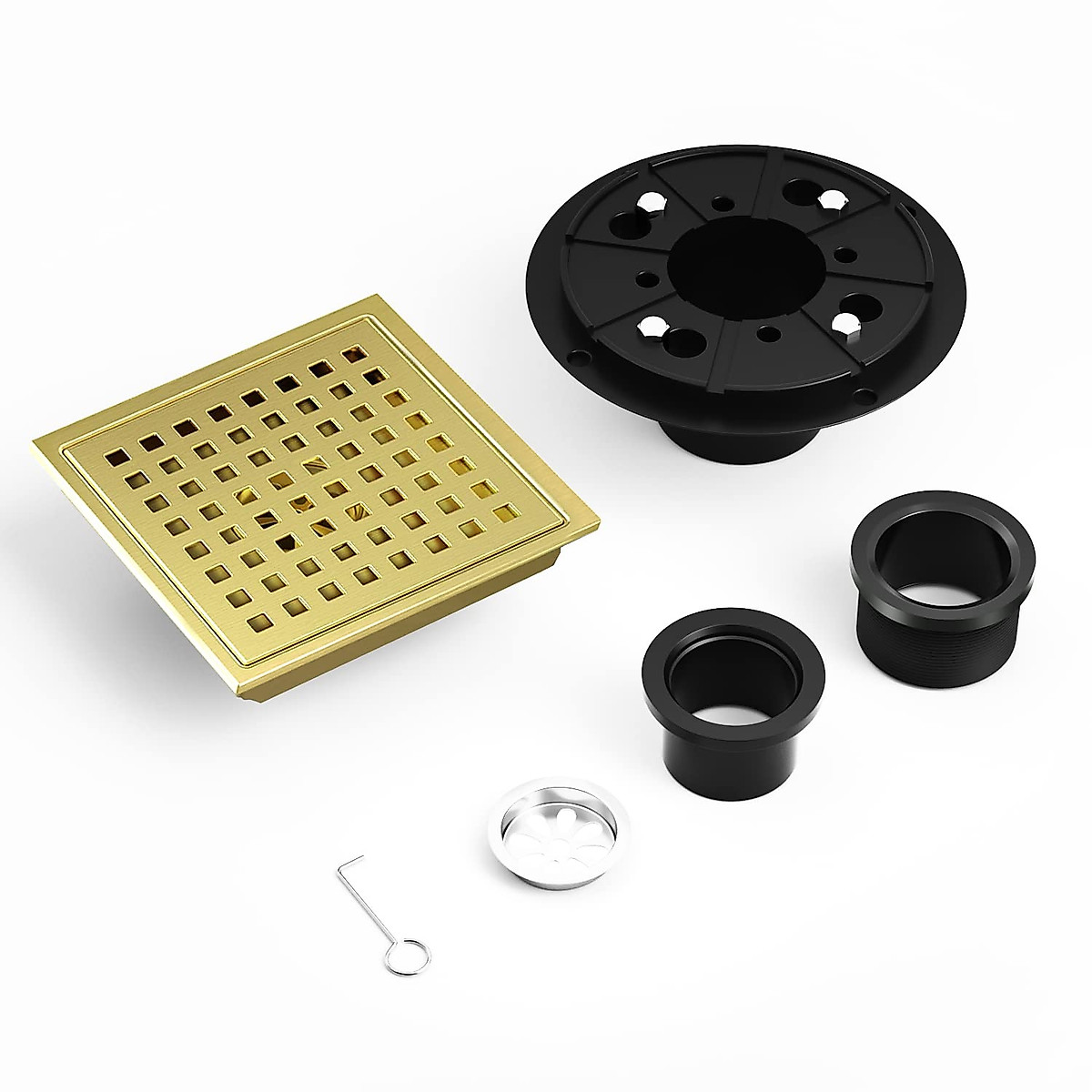 Bmvlffs Square Shower Floor Drain 6 Inch Brushed Gold, SUS 304 Stainless Steel with Flange, Removable Cover Quadrato Patten Grate, Includes Hair Strainer