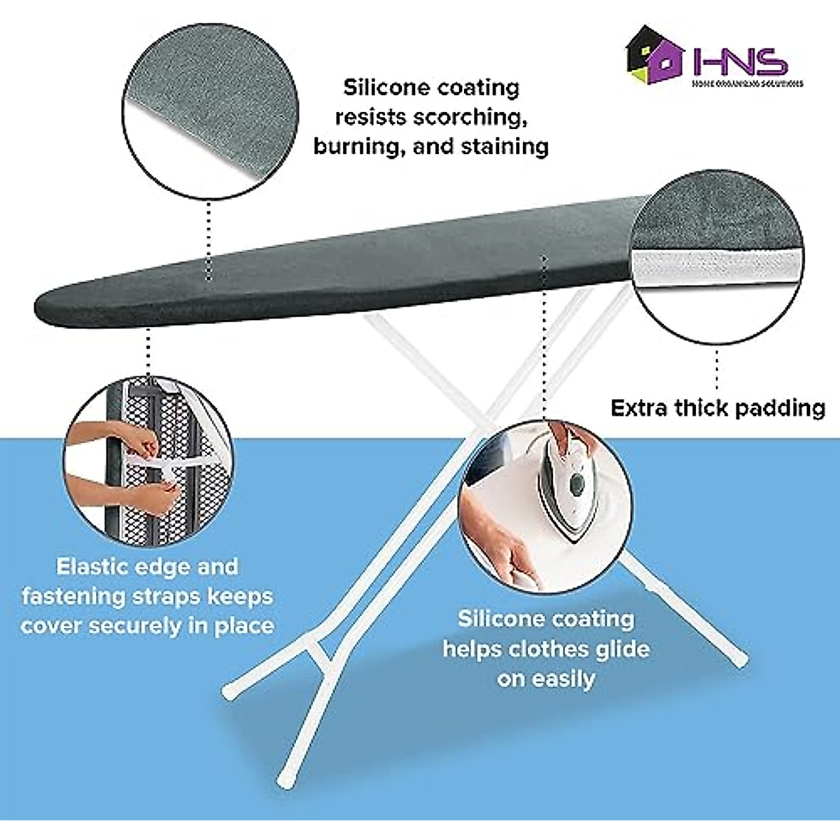 HOLDN’ STORAGE Ironing Board Cover and Pad - Iron Board Cover with Padding 15" x 54" - Iron Board Cover Large Fits All Standard Sizes - Heat Reflective Iron Pad for Table Top. Charchoal.