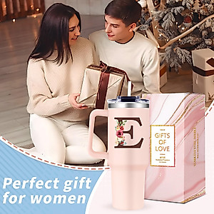Monogrammed 40oz Tumbler with Handle for Women, Personalized Birthday Gifts for Women,Initial Cups for Woman Floral Letter E,Customized Gifts for Female Lady Gift for Mothers Day Christmas