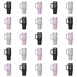 Custom Personalized Floral Flower Monogam Initial Letter A-Z Engraved Insulated Stainless Steel Tumbler with Handle, Lid, and Straw 40 oz. Monogrammed Gift for Her