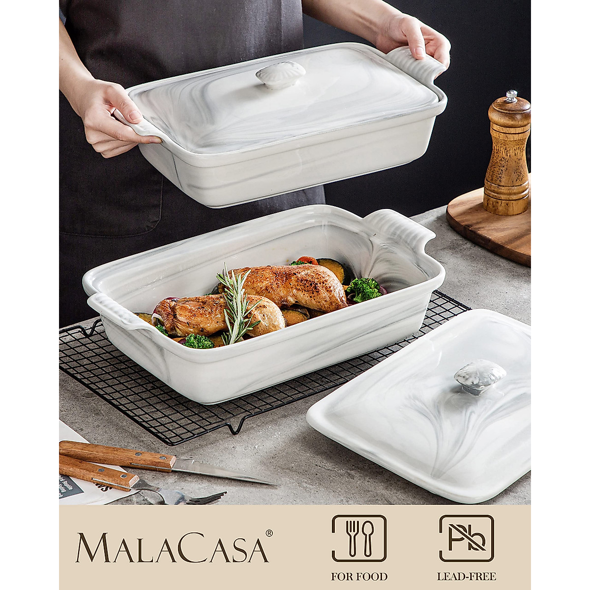 MALACASA Large Casserole Dish with Lid, 4.4 Quart Ceramic Baking Dish for Oven, 13 x 9 Lasagna Pan Deep with Lid, Microwave, Dishwasher Safe, Series BAKE-GREY