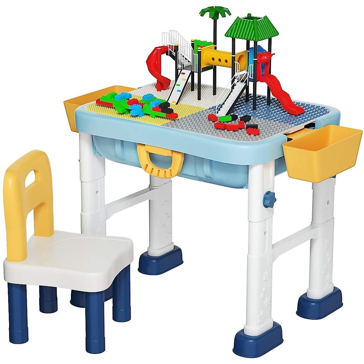 HONEY JOY 6-in-1 Kids Activity Table, Large & Small Size Blocks Compatible w/Classic Blocks, Adjustable Height, Water Table & Sand Table & Dry Erase Easel w/Marker, Kids Play Table with Storage