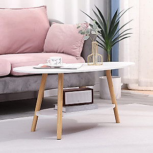 Oval Wood Coffee Table Modern Style with Open Storage Layer for Storage and Display 2 Tier Goose Egg Pattern Sofa Table Cocktail Table for Living Room Home Office