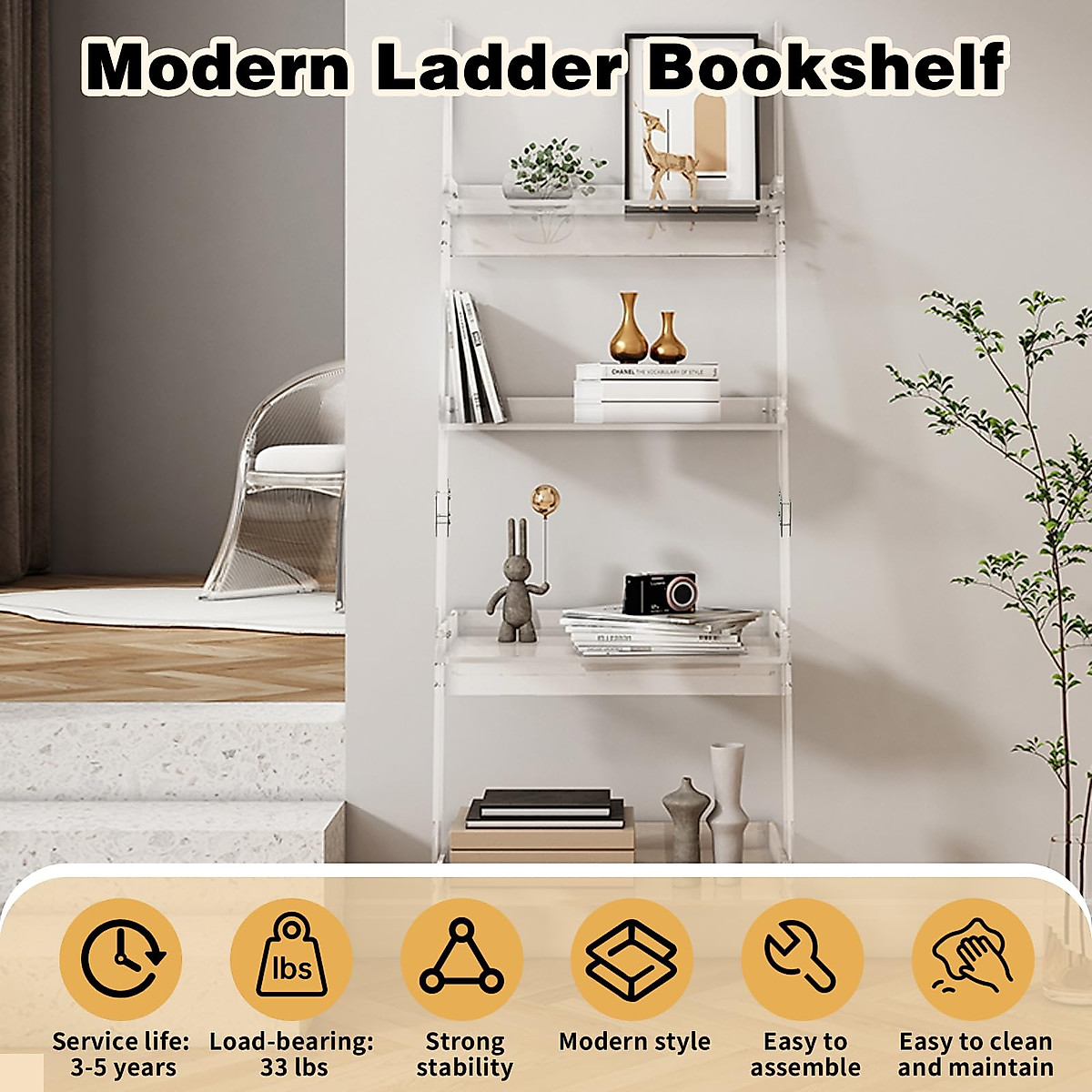 Nalwort Acrylic Ladder Bookshelf, 4-Tier Clear Leaning Book Shelf, Large Unique Bookcase, Storage Organizer Shelf for Bedroom, Living Room, Office, 72" H x 21" W x 14" D