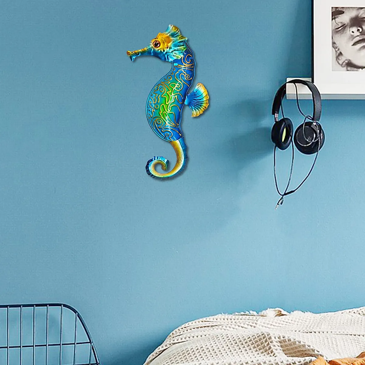 John's Studio Seahorse Sea Wall Decor Outdoor Metal Garden Hanging Art Glass Sculptures Home Ocean Theme Decorations for Kitchen Bathroom and Pool