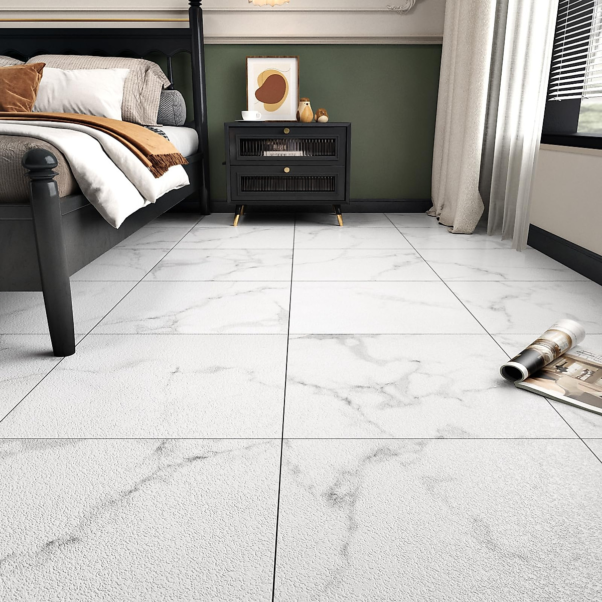 Skyblur 32 PCS Peel and Stick Floor Tile for Kitchen Sticky Vinyl Flooring Tile White Marble Floor Tiles Peel and Stick Waterproof Removable Laminate Flooring for Bedroom RV Garage Floor 12"X12"