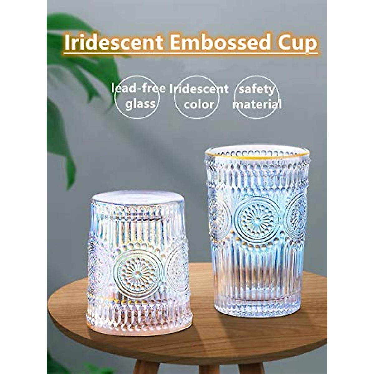 Iridescent Embossed Drinking Glass Gold Rim Water Glass Baroque Clear Crystal Unleaded Wine Milk Juice Coffee Glass,11.7oz,Makeup Brush/Pen/Pencil/Toothbrush Holder (Large)
