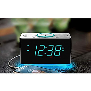 Emerson ER100401 Smartset 15Watt Ultra Fast Wireless Charging Dual Alarm Clock Radio with Bluetooth Speaker, USB Charger, Cyan LED Night Light and 1.4" Display
