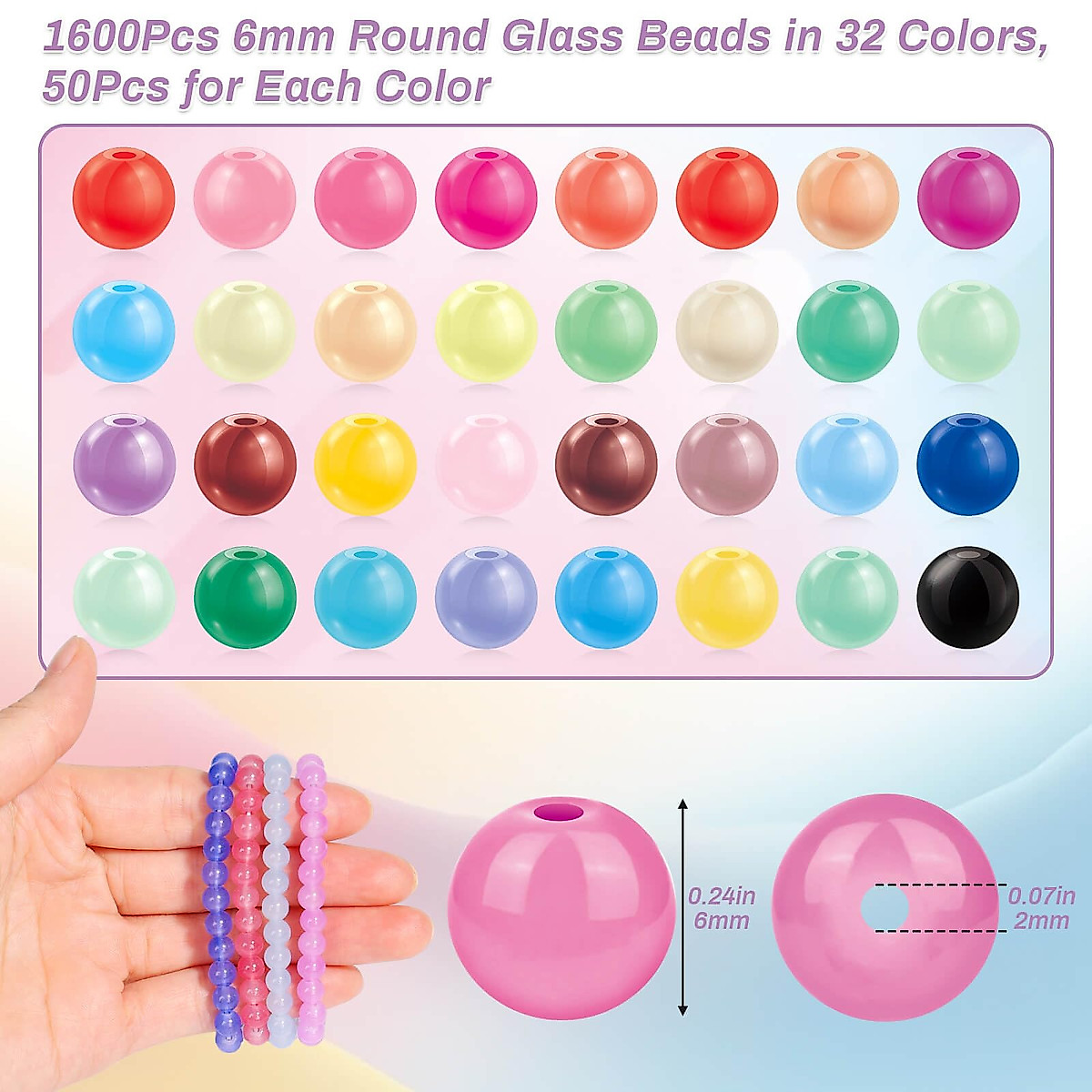 Audab 1600 Pieces 6mm Round Glass Beads for Jewelry Making, 32 Colors Crystal Beads for Bracelets Jewelry Making and DIY Crafts(6mm, 32 Colors)