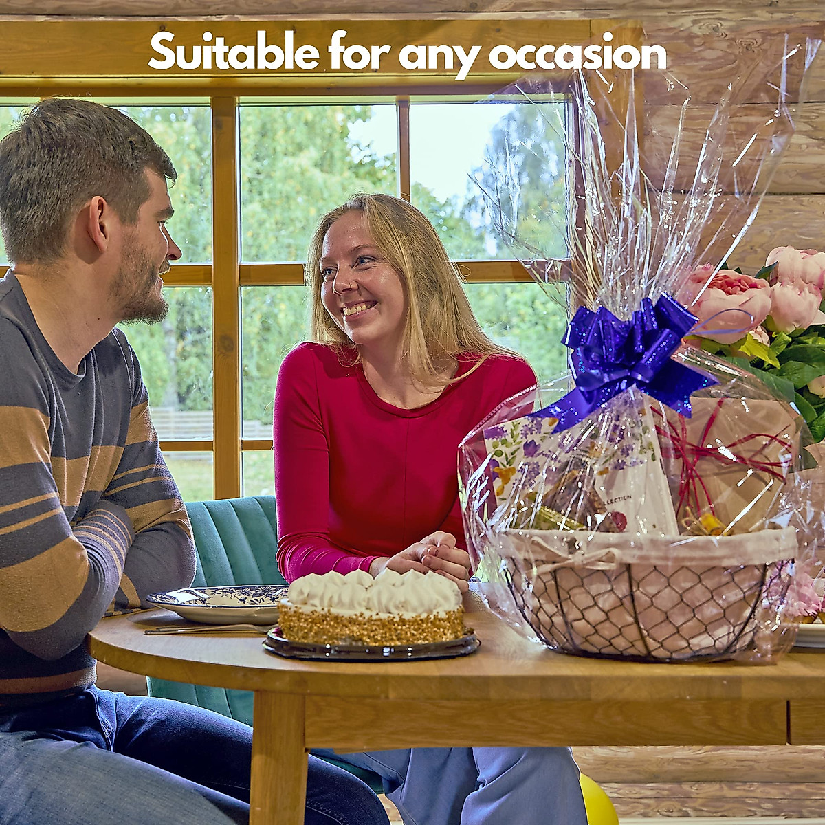 Gift Basket Empty to Fill- Sturdy Metal Fruit Basket with Additional Clear Wrapping Bags and Pull-Bows, Durable Black Wire Fruit Basket With Lining for Gifts and Storage, DIY Gift Basket