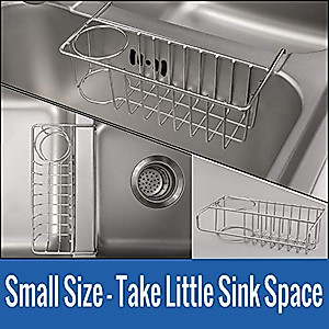 2 IN 1 SPONGE HOLDER, MOVABLE Kitchen Sink Caddy Sponge Holder + Brush Holder, Small In Sink Dish Sponge Caddy, 304 Stainless Steel, Hanging Kitchen Sink Organizer Accessories Rack Basket -No Adhesive