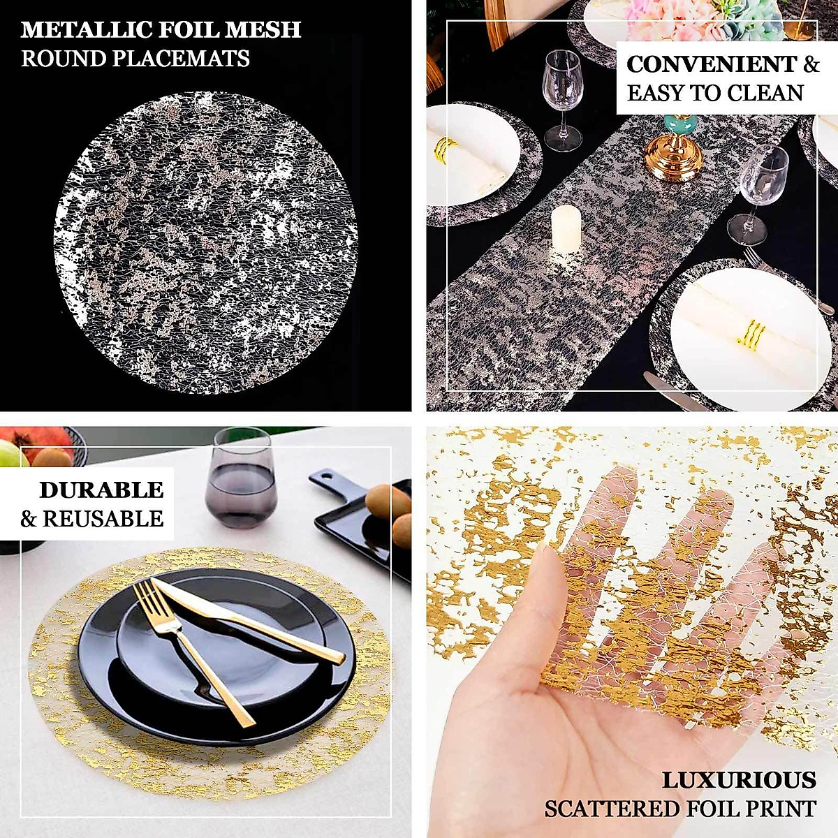 Efavormart 10 Pack | 13" Metallic Gold Luminous Mesh Foil Table Placemats, Round Shiny Polyester Dining Mats