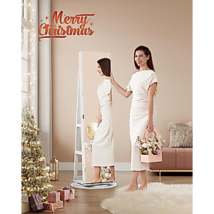 SONGMICS 6 LEDs Lockable Mirror Jewelry Cabinet, 360° Swivel Jewelry Organizer, Standing Jewelry Armoire, Frameless Full-Length Mirror, 3 Storage Shelves,Christmas Gifts, White Surface,