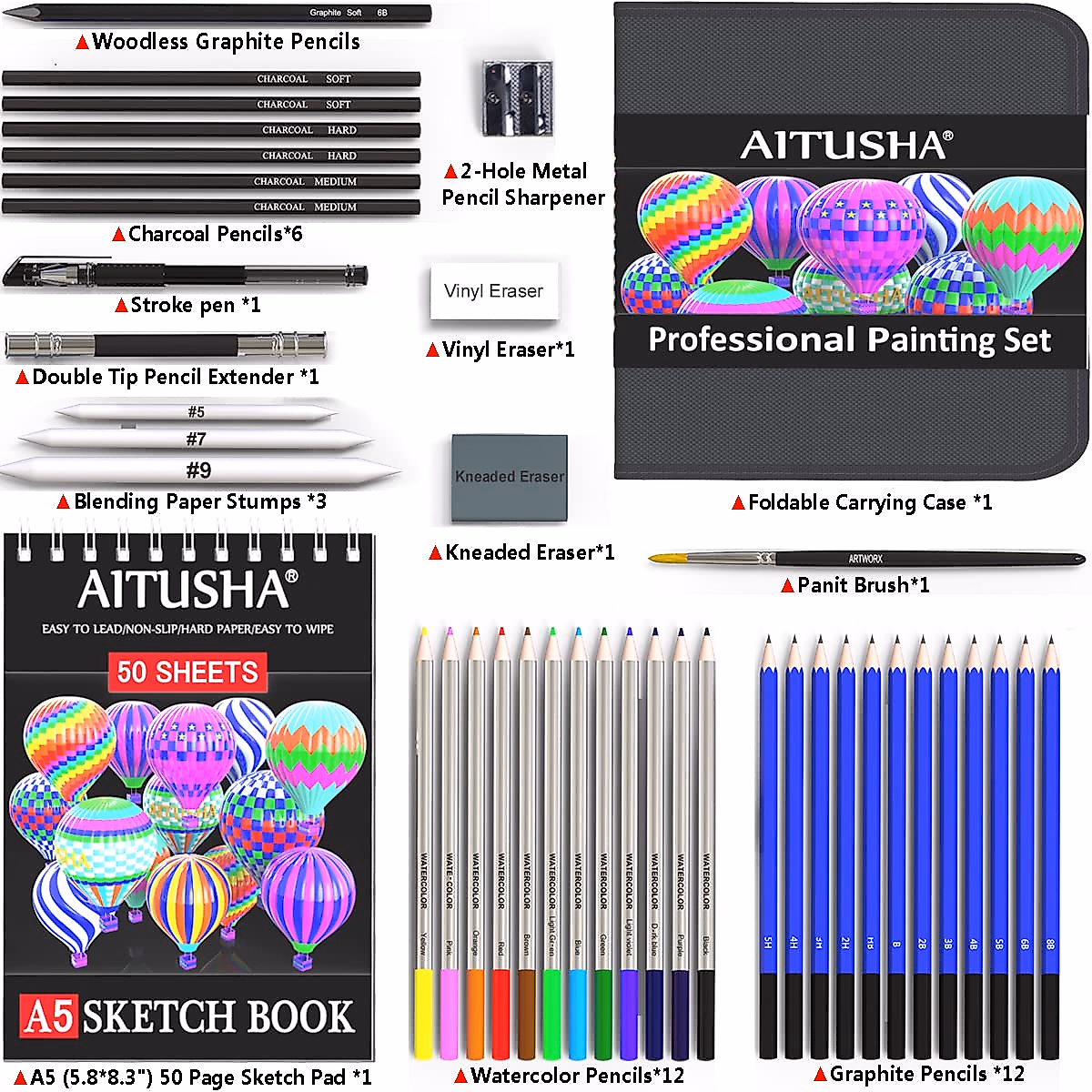 AITUSHA 42-Piece Drawing and Sketching Kit: Comprehensive Art Set for Artists, Watercolor Pencils, Sketch Kit, 50-Page Sketchbook, Black Zipper Case