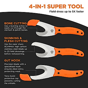 FIELDTORQ Super Tool | 4-in-1 Field Dressing Kit with Sheath & Sharpener | Skinning Knife for Hunting | Gut Hook Knife | Deer Hunting Knife Set