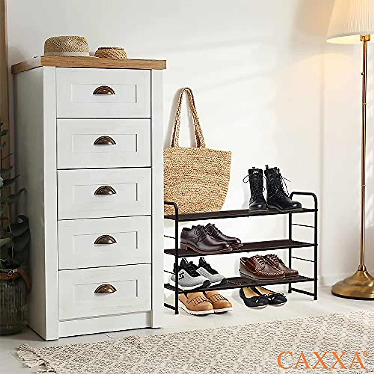 CAXXA Stackable and Expandable Shoe Rack, 3 Shelves Metal Wire Utility Rack, Bronze