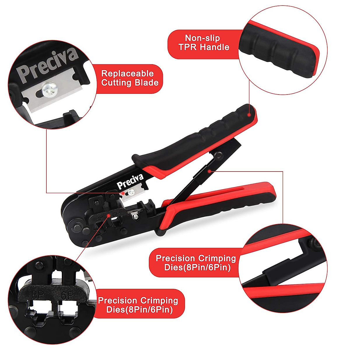 RJ45 Crimper Tool Kit, Preciva Cat5 Cat5e Ethernet Crimping Tool Set with One Network Cable Tester, 20PCS RJ45 Connectors, One Wire Stripper, 50PCS Cable Ties and Wire Punch Down Impact Tool