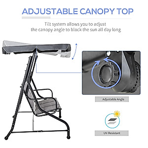 Outsunny 3-Seater Porch Swing Chair, Outdoor Swing Glider with Adjustable Canopy, Padded Breathable Seat, for Garden, Poolside, Backyard, Deck