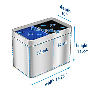 iTouchless with 2 Stickers, Compartment Slim Stainless Steel Container, 5.3 Gallon Waste Trash Can & Recycle Bin, 20 Liter/5.3Gal, Open Top, Dual