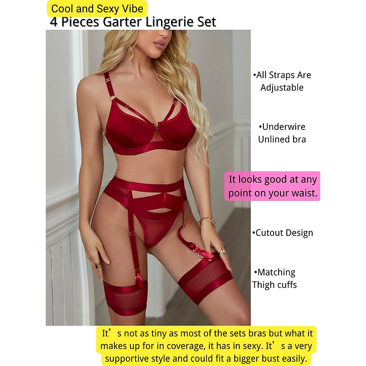Kaei&Shi Garter Belt Thong Lingerie for Women,Strappy Hollow Out Sexy Lingerie,Underwire Mesh Sheer Matching 4 Piece Lingerie Set Valentine Day Burgundy Medium