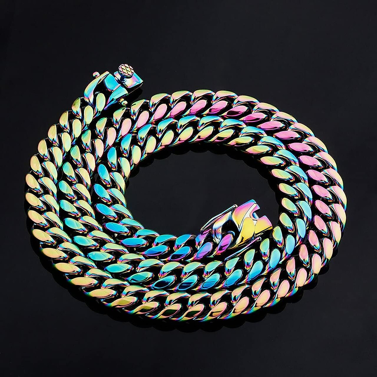 ROWIN&CO Mens Chunky Miami Cuban Link Chain - Rainbow Multicolor Stainless Steel Curb Necklace, Nickel-free, Colorful Chains, Hip Hop Jewelry Choker Chain, 15mm/18-35 inch.