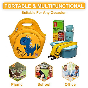 VASCHY Lunch Bag for Kids, Insulated Neoprene Lightweight Lunch Box Bag for Children Boys and Girls School Daycare Kindergarten Yellow Dinosaur