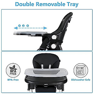 Kinder King High Chair for Babies & Toddlers, Simple Fold Highchair w/Large Storage Basket, Adjustable Height, Recline & Footrest, Detachable Double Trays, 4 Lockable Wheels, Easy to Clean, Black