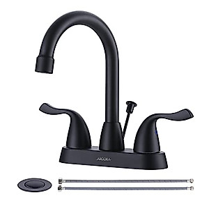 ARCORA Matte Black Bathroom Faucet, 2 Handle Basin Faucet, 4 Inch Centerset Bathroom Faucet with Drain Assembly and Supply Hoses, Bathroom Sink Faucet Black