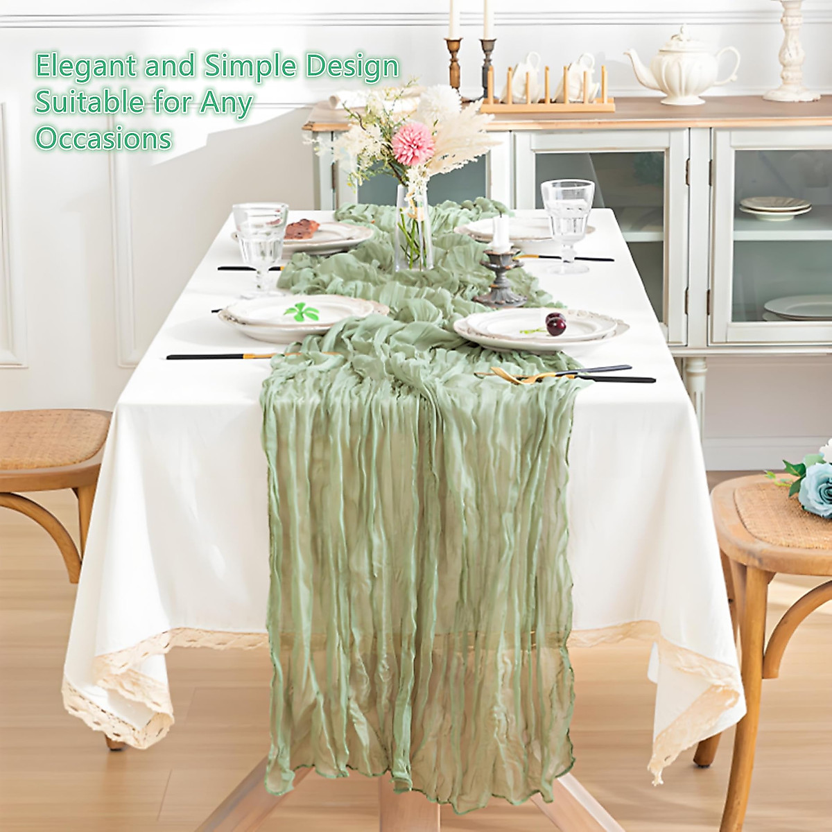 Fall Thanksgiving Table Runner Cheesecloth Table Runner 120 inch 10FT Rustic Gauze Table Runner for Wedding Party Baby Shower Friendsgiving Party Sheer Home Decorations (35x120“,Sage Green)