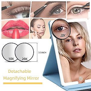 Travel Mirror with Light and Round 10X 20X Magnifying Mirror, PU Leather Travel Makeup Mirror with 3 Light Settings, Portable LED Lighted Makeup Mirror of 8 * 5.5inch, with 2000mAh (Set-Blue)