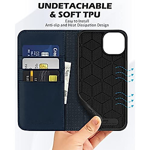SHIELDON Case for iPhone 13 6.1", Genuine Leather iPhone 13 Wallet Folio Case with Kickstand RFID Blocking Card Holder Magnetic Full Protection Shockproof Case Compatible with iPhone 13 5G - Navy Blue